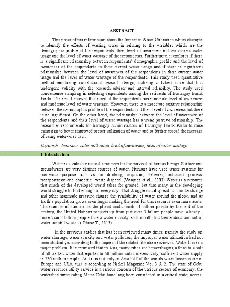 Keywords: Improper Water Utilization, Level of Awareness, Level of ...