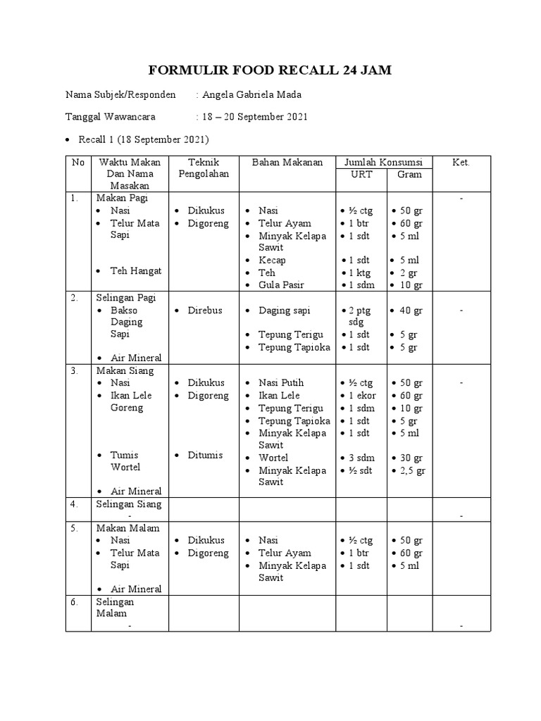 Formulir Food Recall 24 Jam | PDF