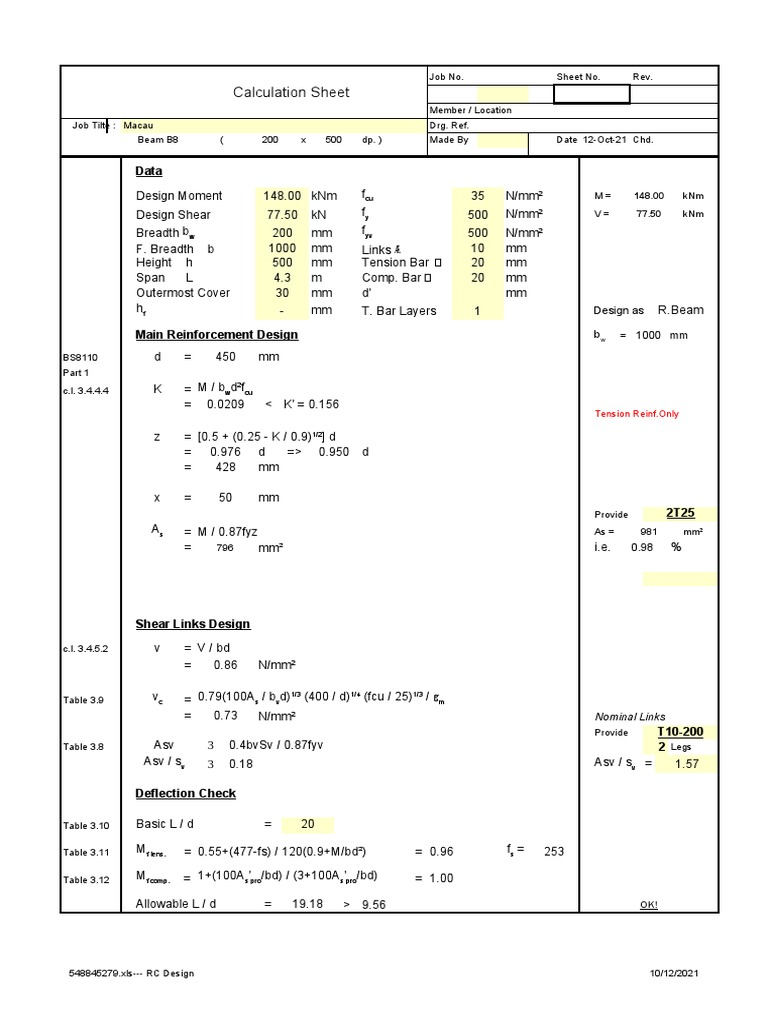 Calculation Sheet: Design As 1000 MM B | PDF
