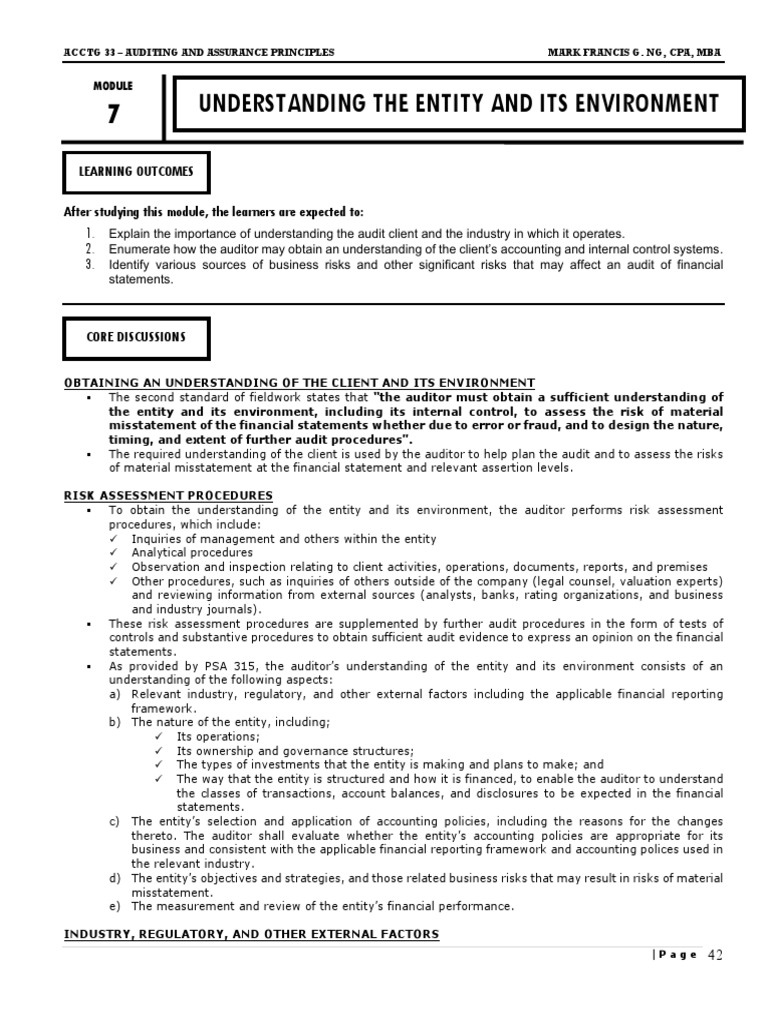 M7 - Understanding The Entity and Its Environment | PDF | Internal Control | Audit