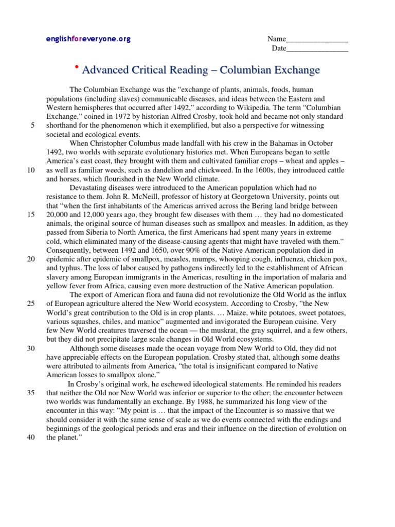 Advanced Critical Reading - Columbian Exchange | PDF | Indigenous ...