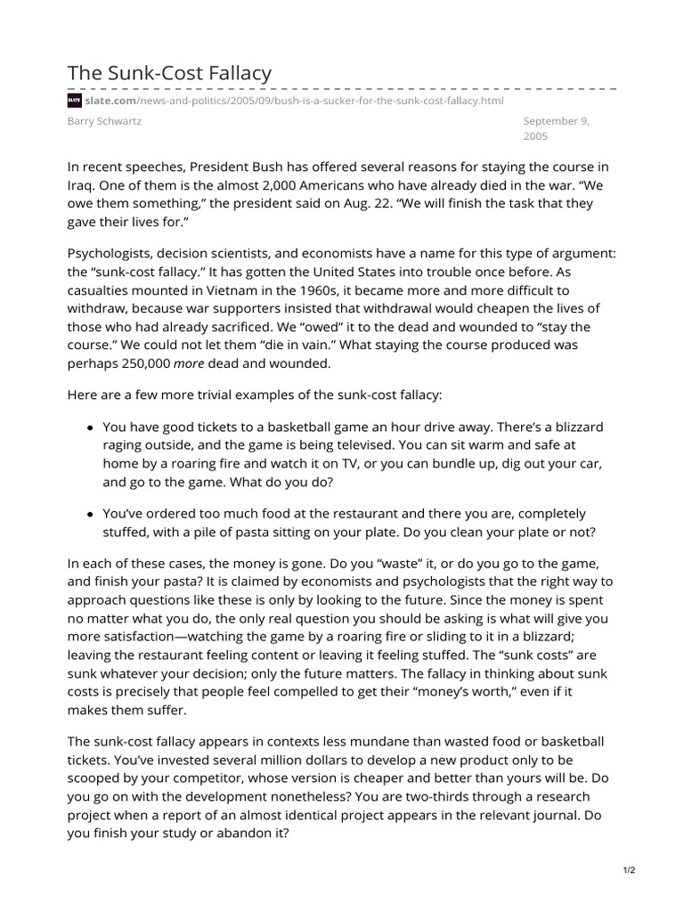 2 - Barry Schwartz The Sunk-Cost Fallacy | PDF | Politics