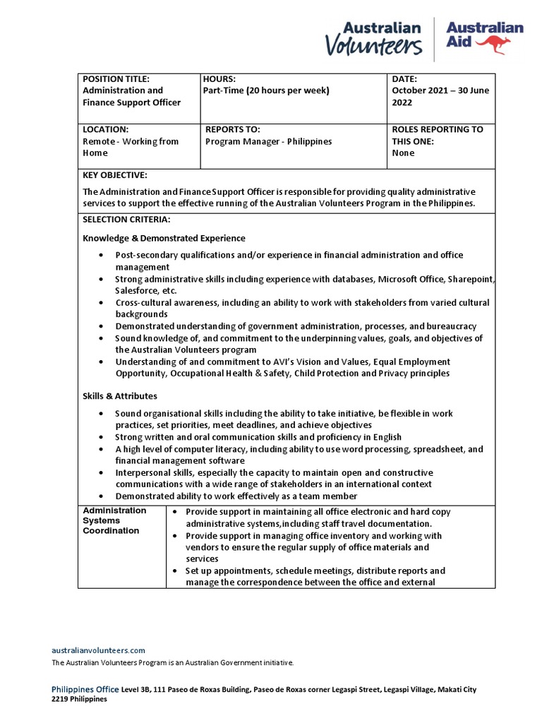 AVP - Admin and Finance Support Officer JD - Part Time - Final | PDF ...