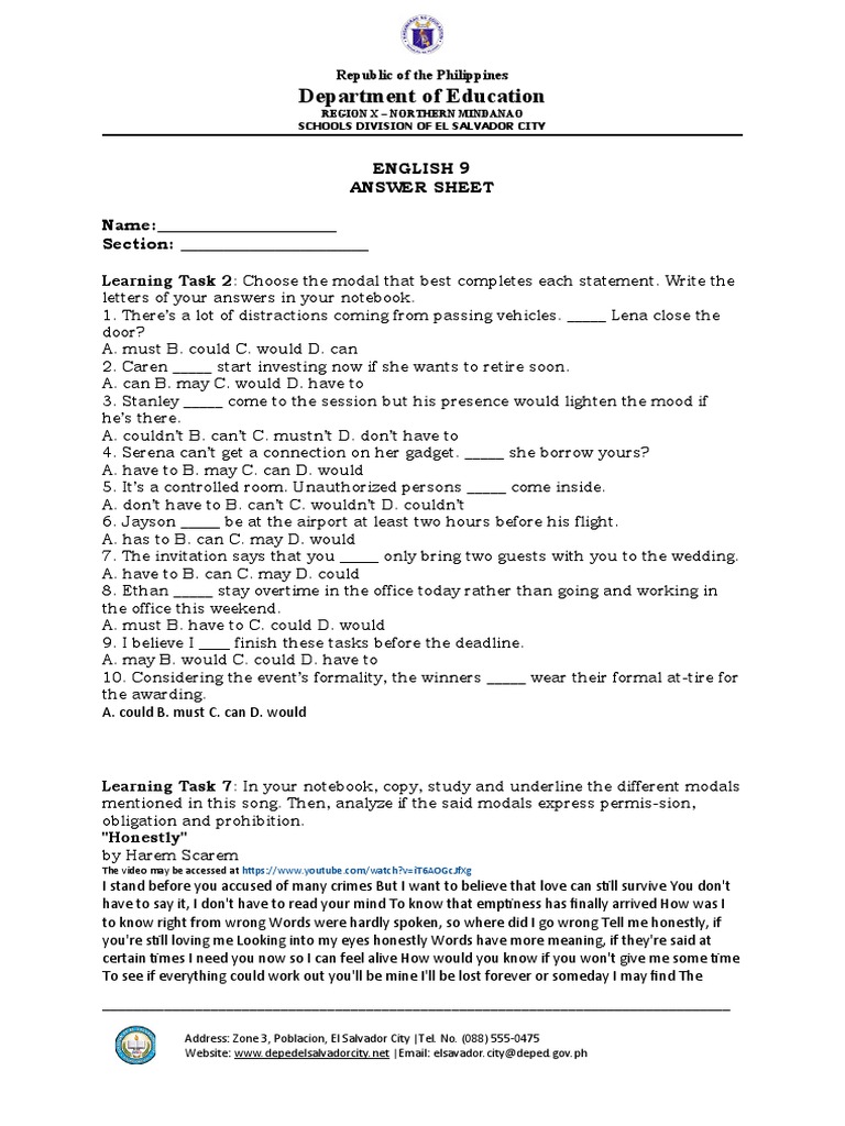 ENG9 q1 ANSWER SHEET | PDF