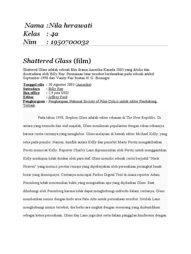 NILA HERAWATI (1950700032) RESENSI FILM Shatterred Glass | PDF