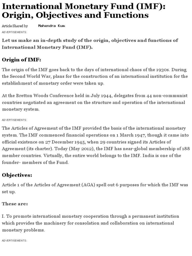 IMF: Origin, Objectives, Functions | PDF | Special Drawing Rights | International Monetary Fund