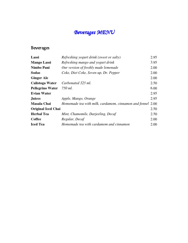 Beverages MENU | PDF | Drink | Tea