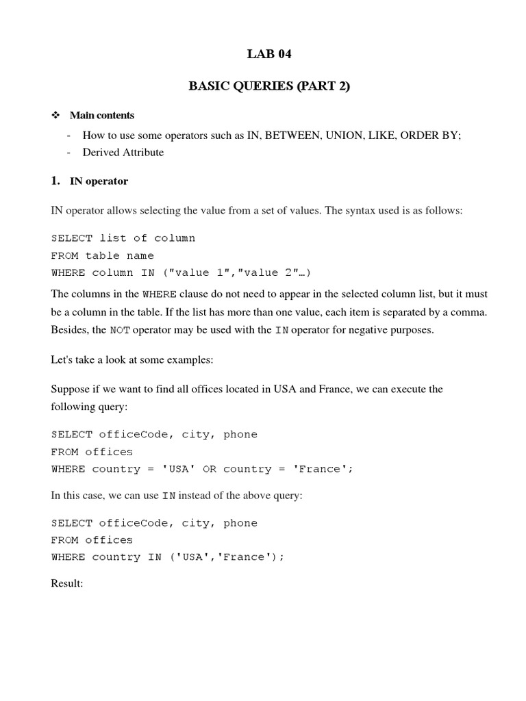 LAB 04 Basic Queries (Part 2) : IN Operator | PDF | Database Index ...