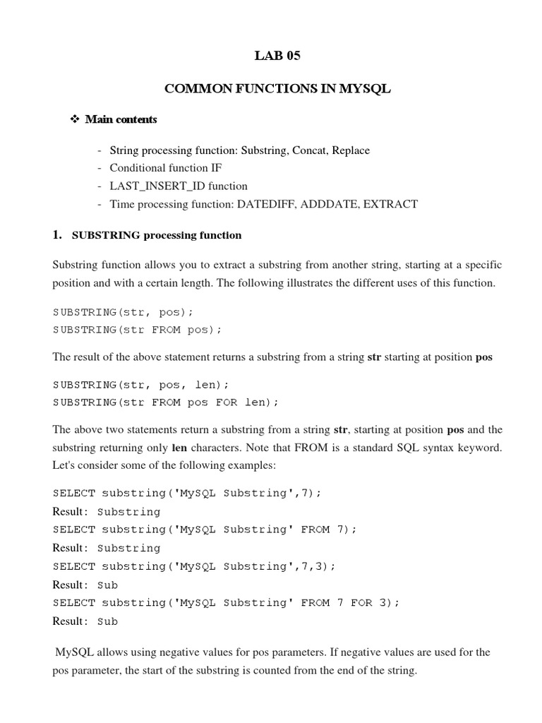 LAB 05 Common Functions in Mysql: Main Contents | PDF | Subroutine ...