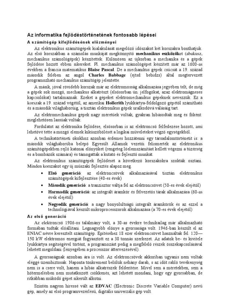 5 - Az Informatika Fejlődéstörténetének Fontosabb Lépései | PDF