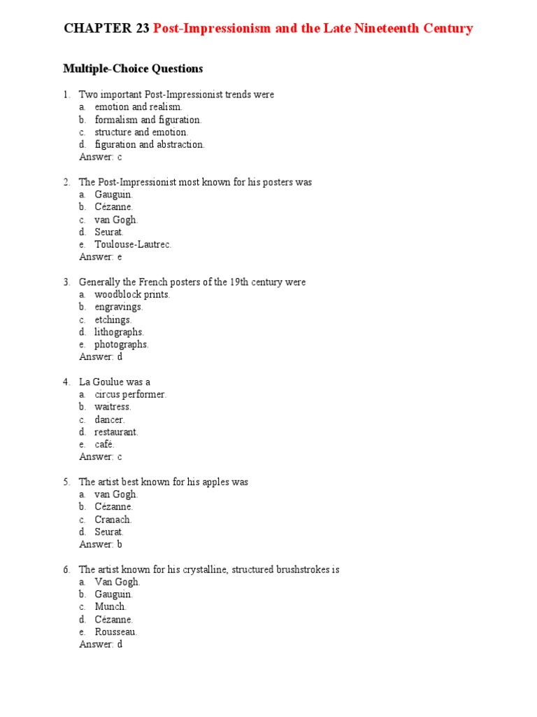Post-Impressionism and The Late Nineteenth Century: Multiple-Choice ...