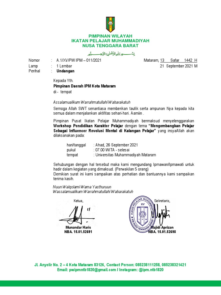 011 - Surat Undangan Workshop Pendidikan Karakter Pelajar PD IPM Kota ...