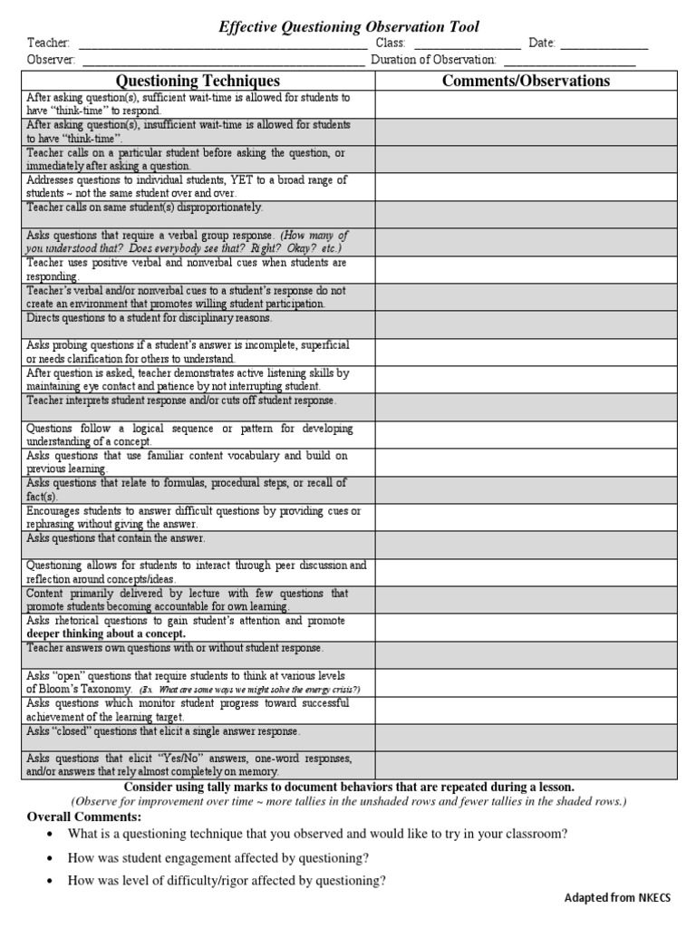 Effective Questioning Observation Tool | PDF | Teachers | Learning