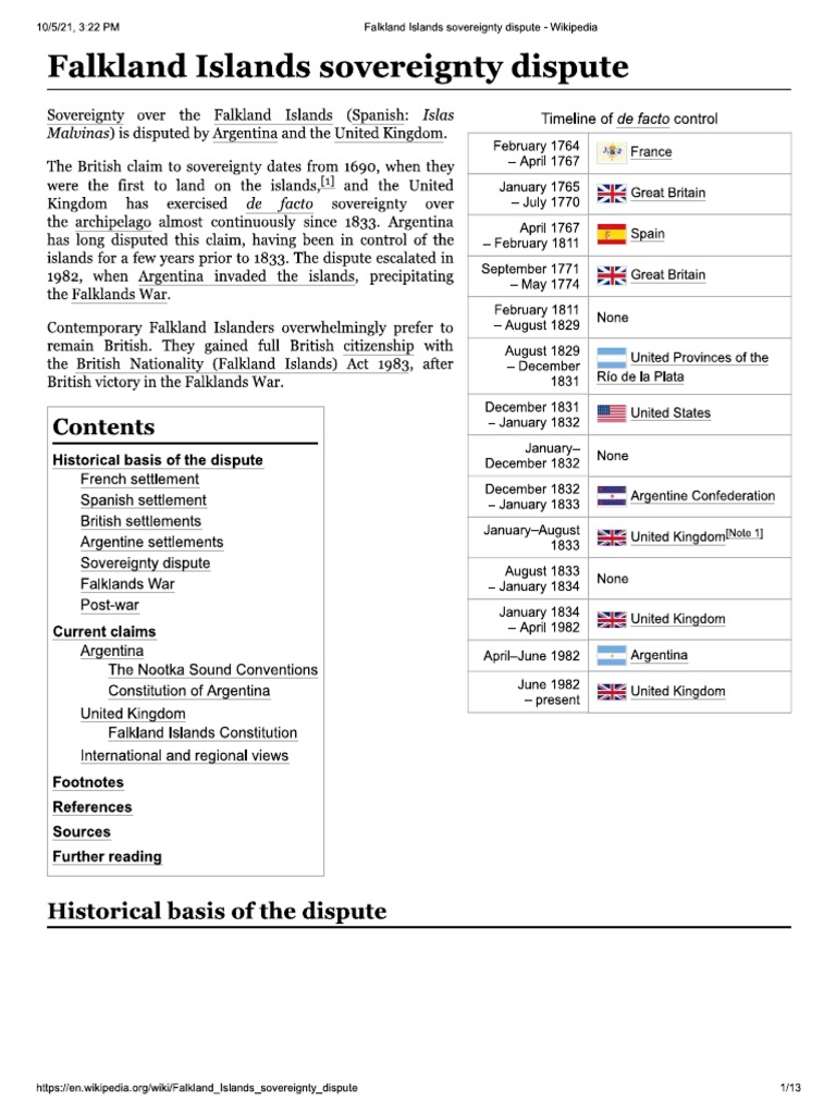 Disputed Sovereignty in Falkland Islands | PDF