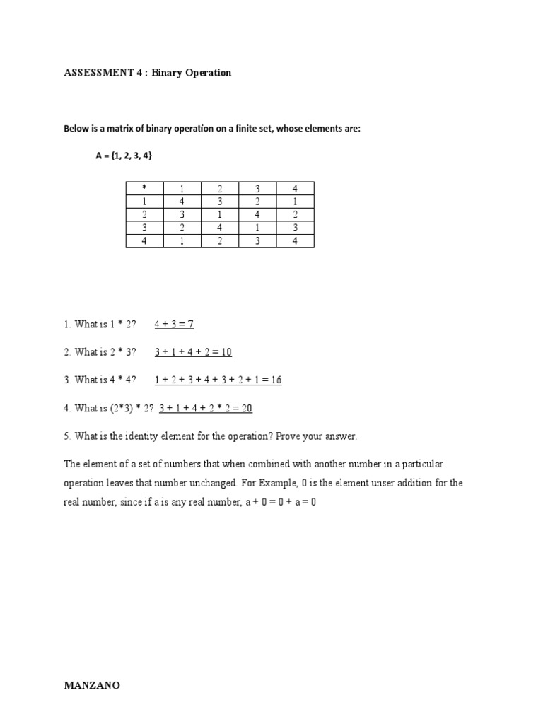 ASSESSMENT 4 Binary Operation | PDF