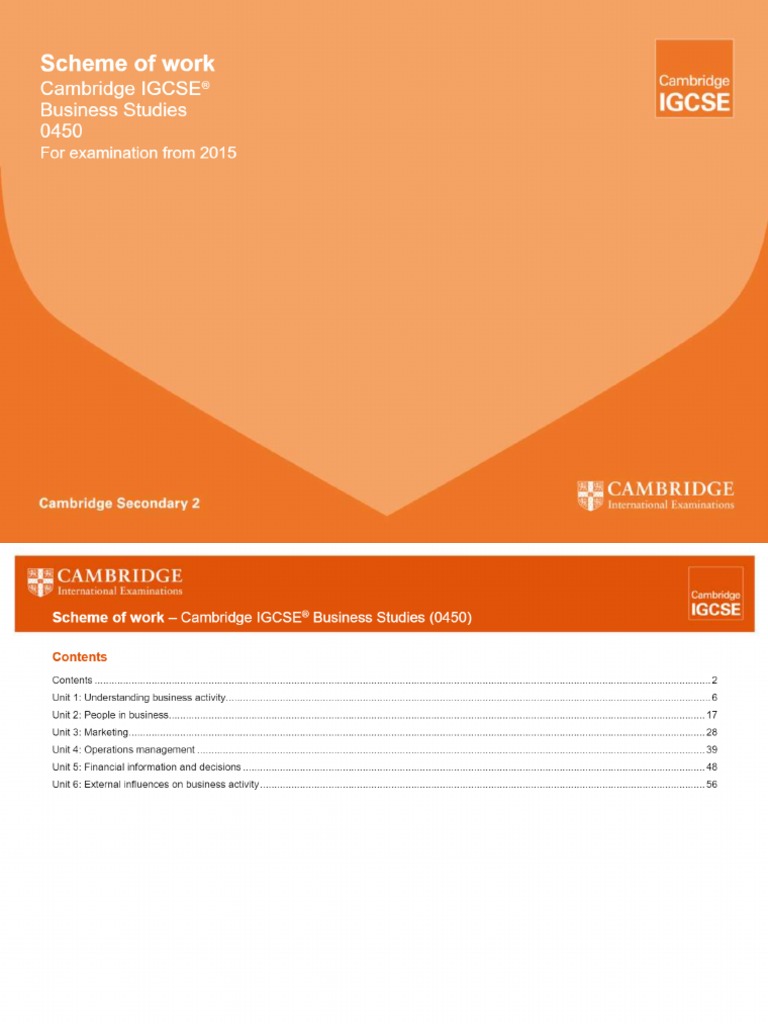 Scheme of Work Cambridge IGCSE Business Studies | PDF