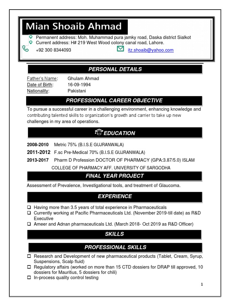 CV Mian Shoaib Senior Officer R&D | PDF | Pharmaceutical Formulation ...