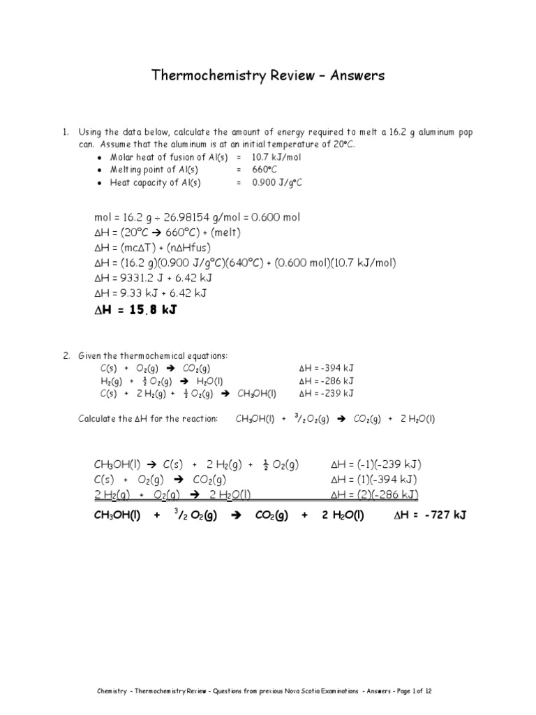 Thermochemistry Review - Answers: CH OH (L) + / O (G) Î Co (G) + 2 H O ...