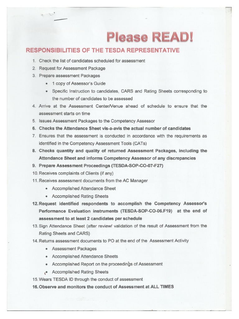 Duties and Responsibilities of The Tesda Representative | PDF