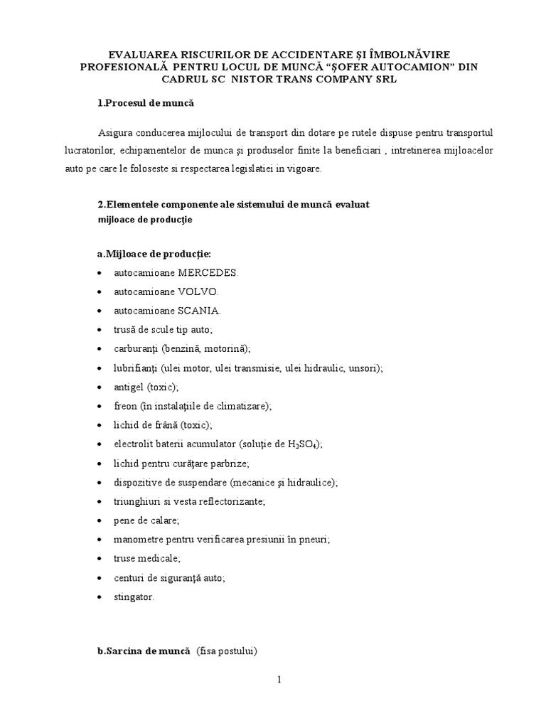 03 Sofer Transport Marfuri Fisa Evaluare Riscuri | PDF