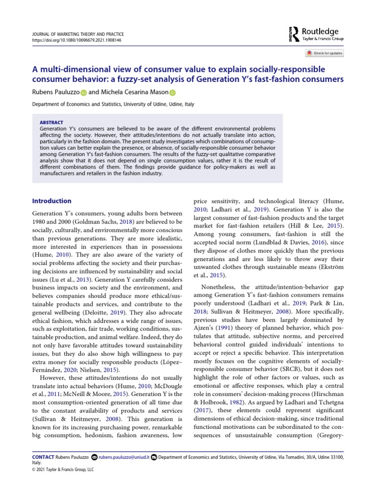 Pauluzzo, R., & Mason, M. C. (2021). A multi-dimensional view of consumer value to explain ...