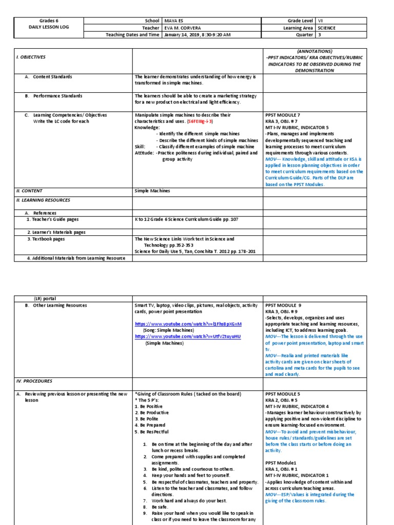 Cot DLL Sci6 Simple Machine | PDF | Learning | Curriculum