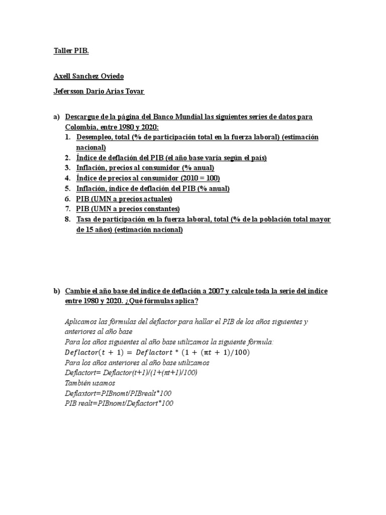 Taller Pib | PDF | Inflación | Producto Interno Bruto