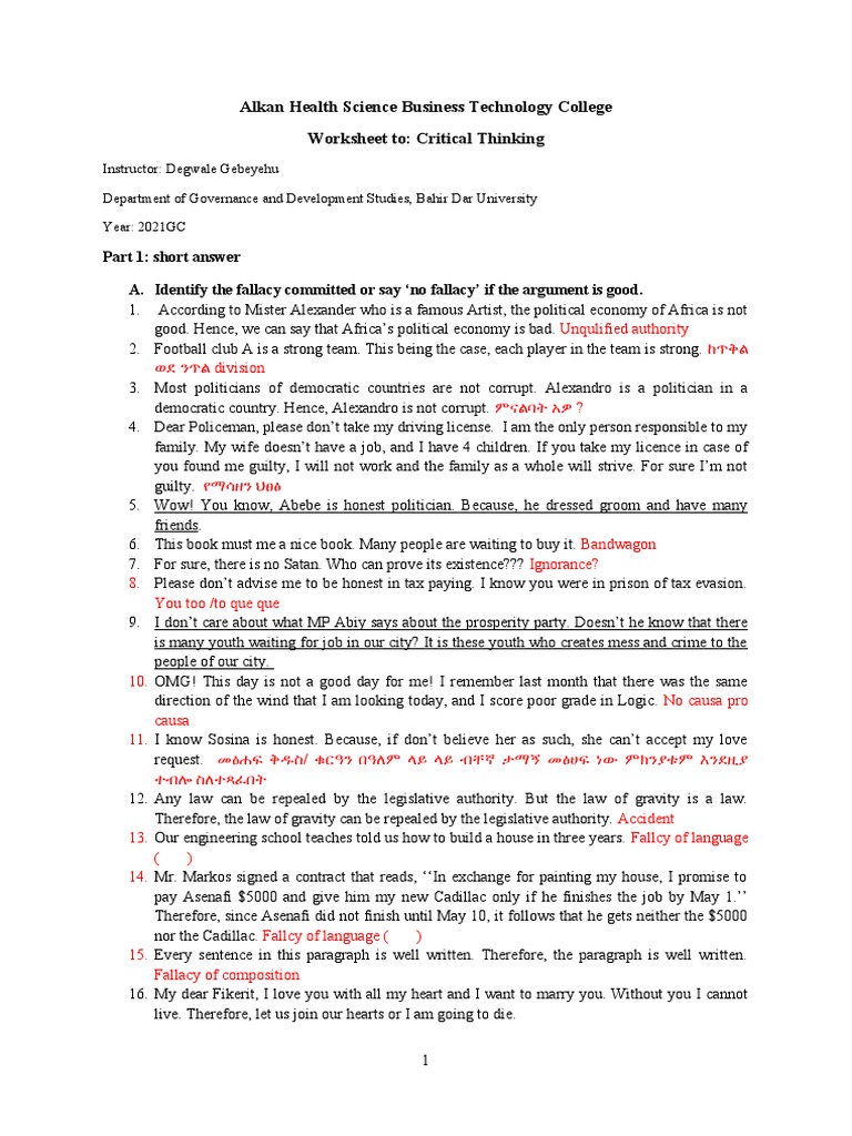 Critical Thinking Worksheet | PDF | Fallacy | Argument