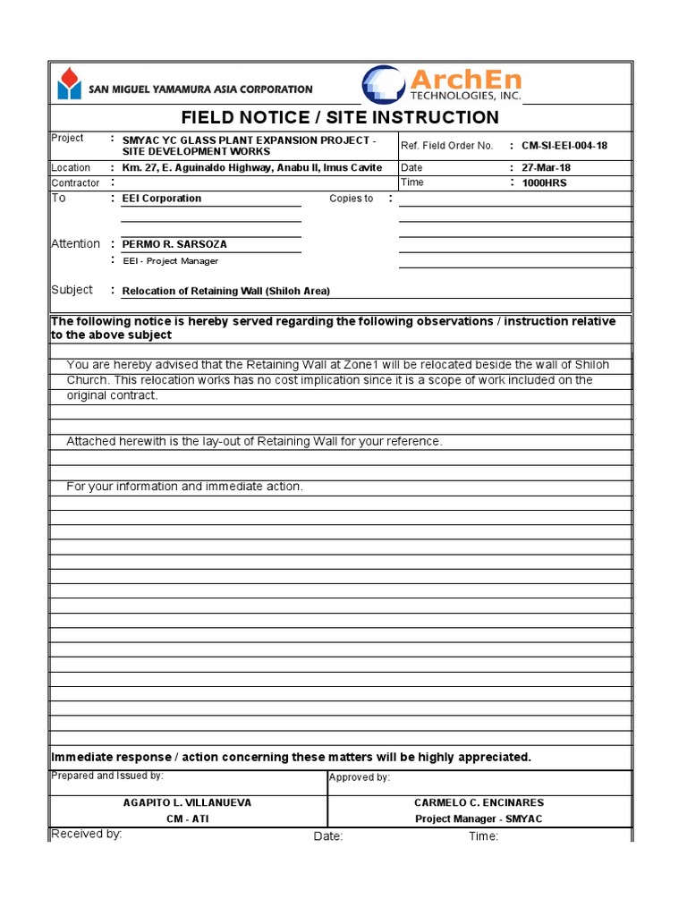 Field Notice / Site Instruction: Project Ref. Field Order No. Location ...