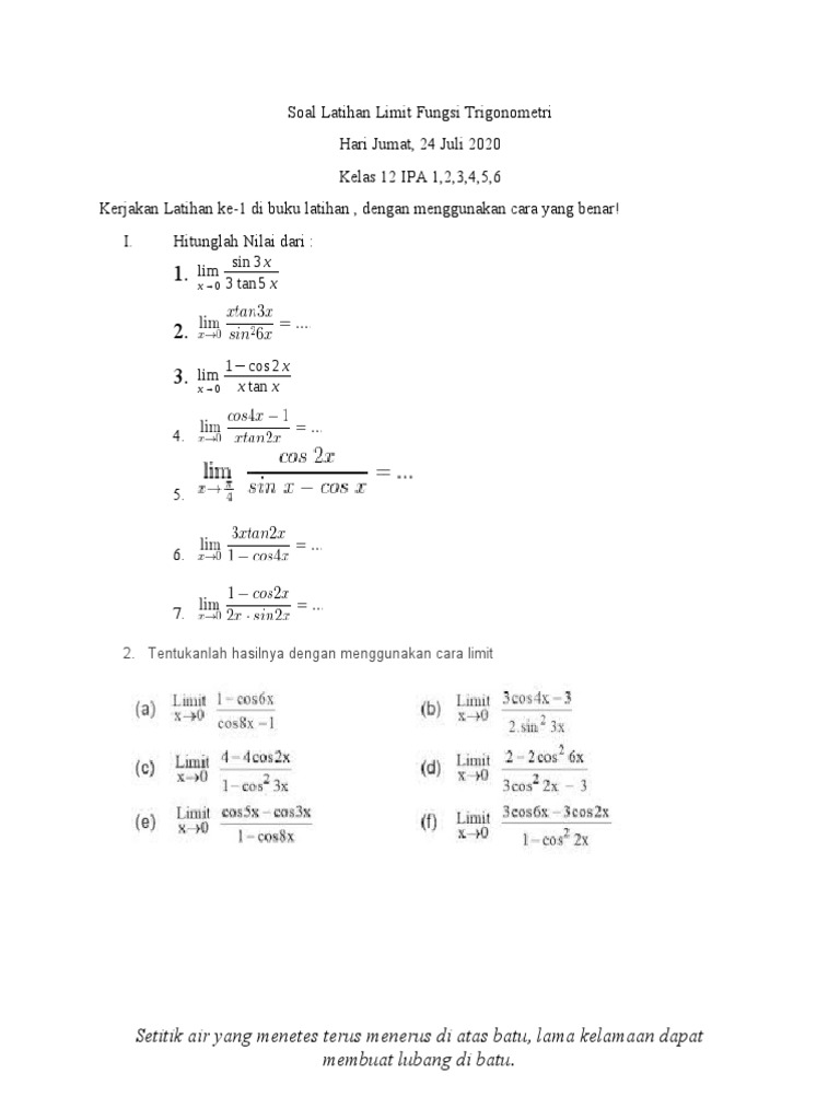 Soal Latihan Limit Fungsi Trigonometri | PDF