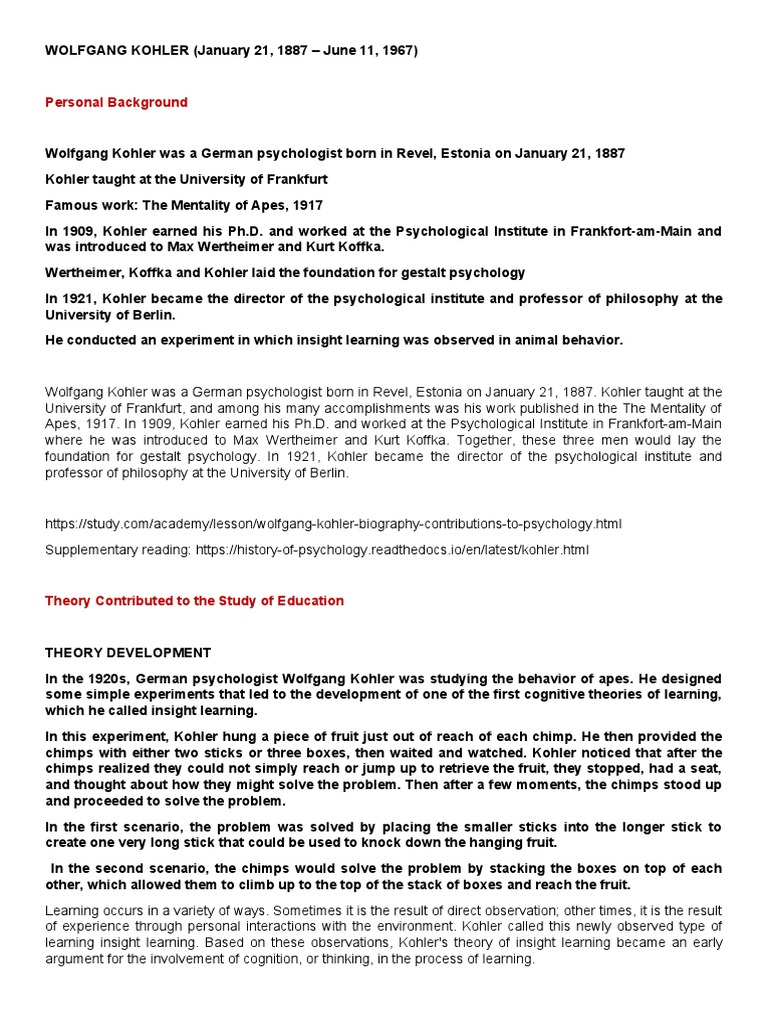 Wolfgang Kohler | PDF | Insight | Learning