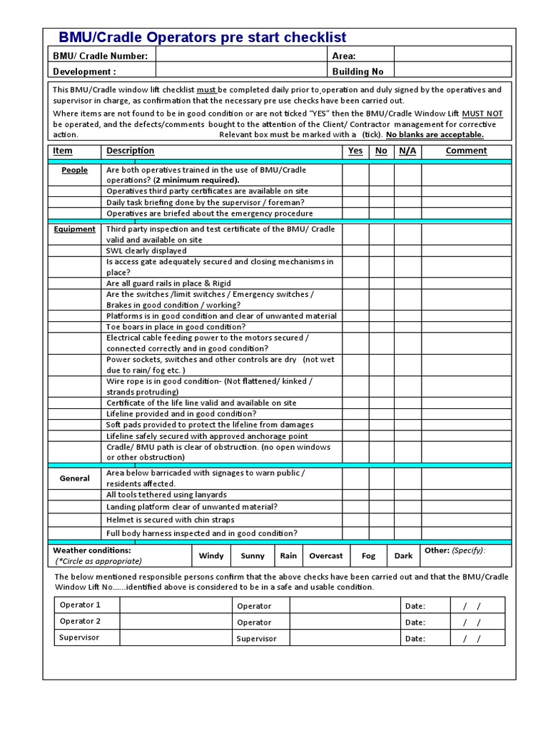 5 - BMU Window Cradle Inspection Checklist | PDF | Manufactured Goods | Equipment