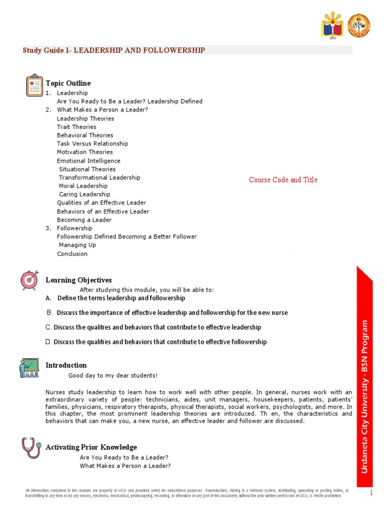 Study Guide 1 - Leadership and Followership | PDF | Leadership ...