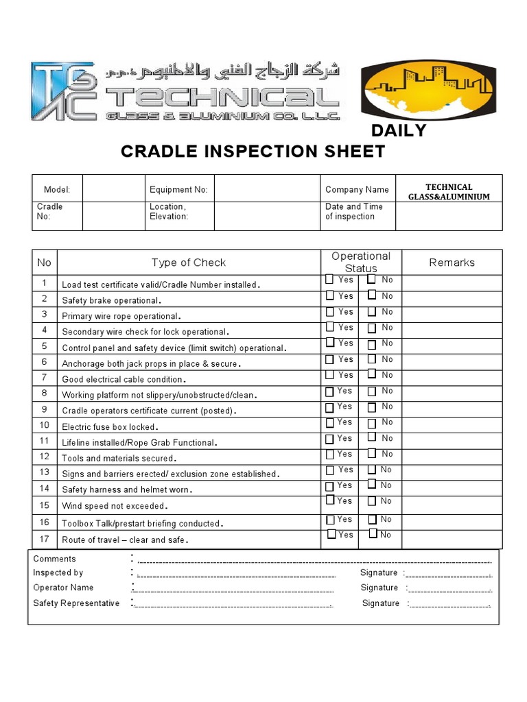 Daily Cradle Inspection Sheet: No Type of Check Operational Status ...