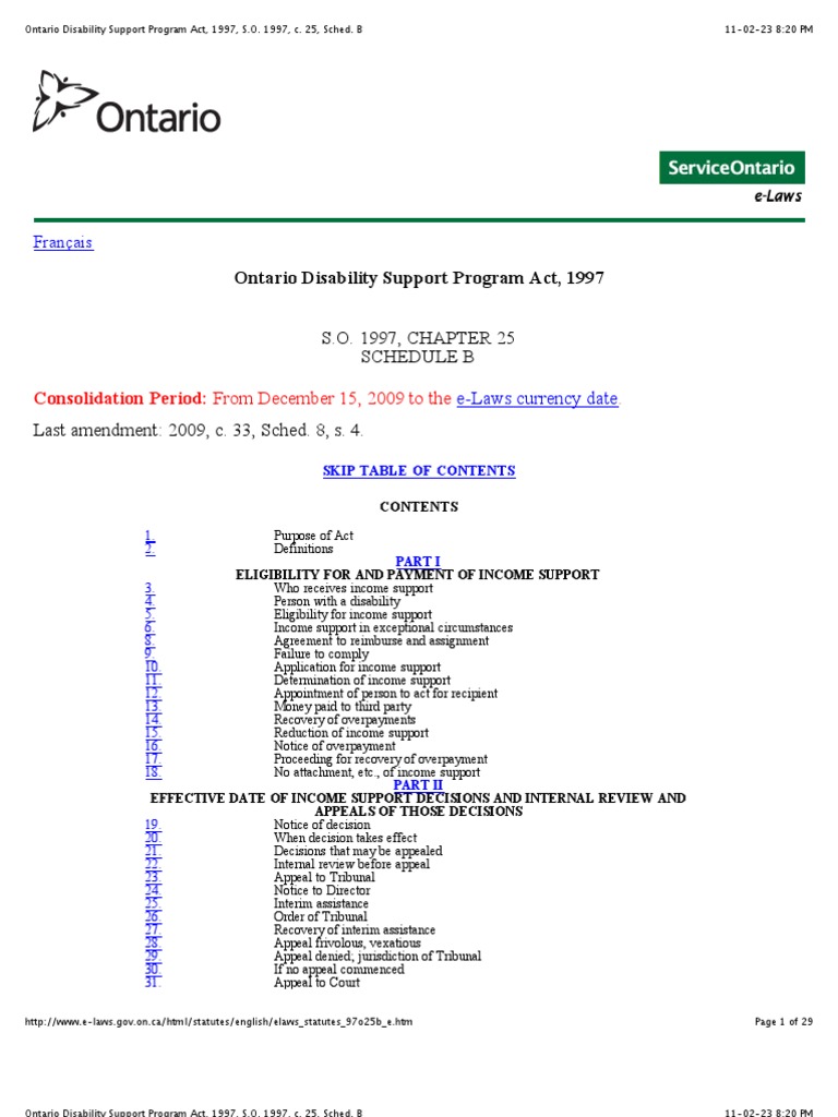 Ontario Disability Support Program Act, 1997, S.O. 1997, C. 25, Sched ...
