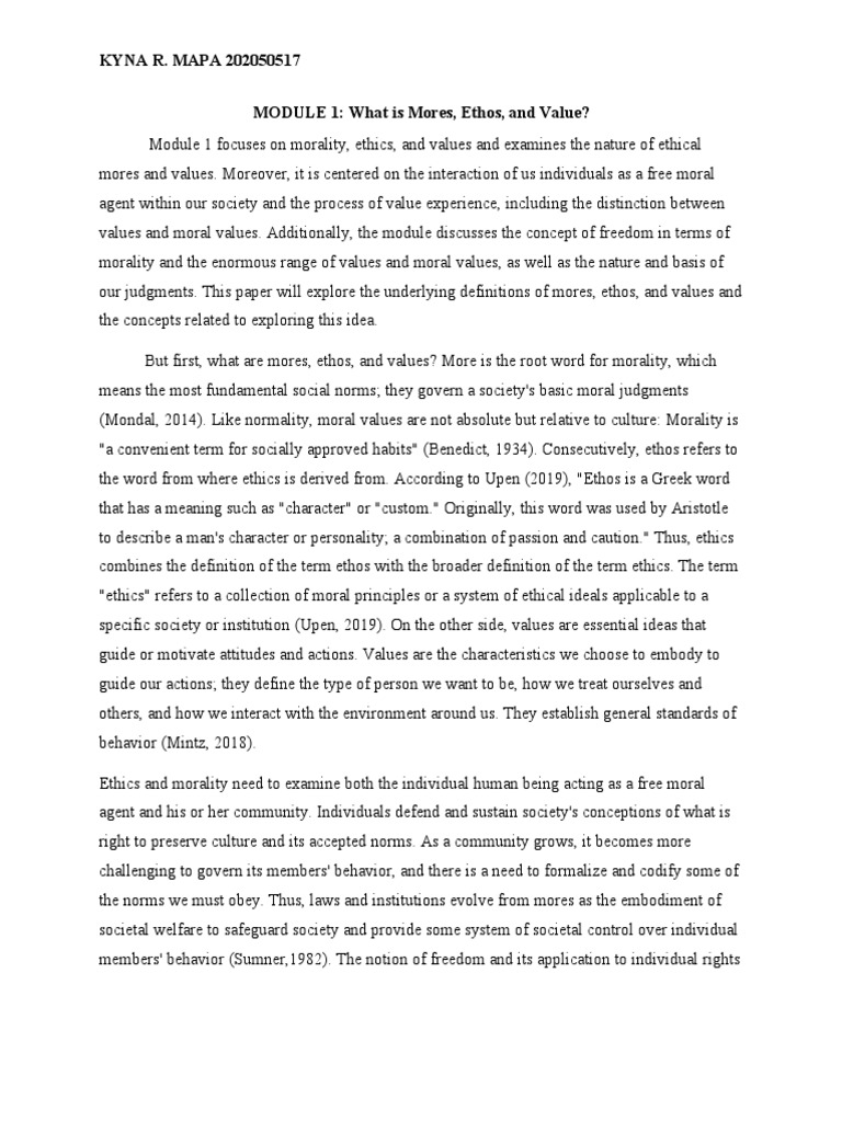 KYNA R. MAPA 202050517 MODULE 1: What Is Mores, Ethos, and Value? | PDF | Morality | Value (Ethics)