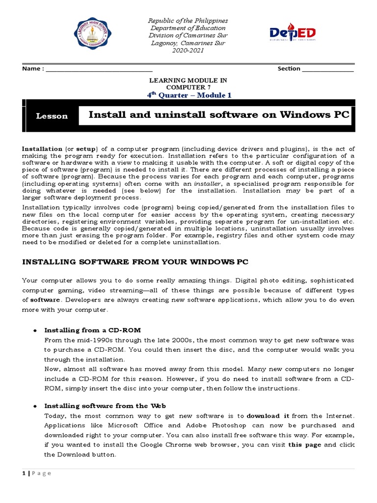 Install and Uninstall Software On Windows PC: Lesson | PDF ...