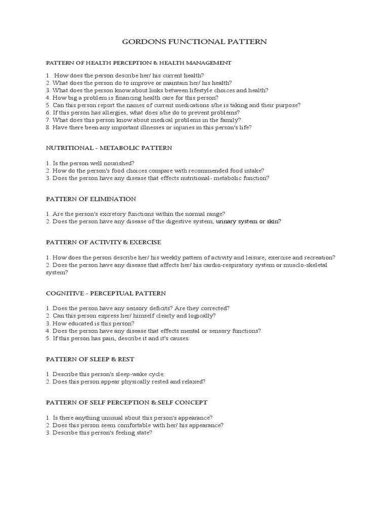 GORDONS FUNCTIONAL PATTERN Assessment 2 | PDF | Perception ...