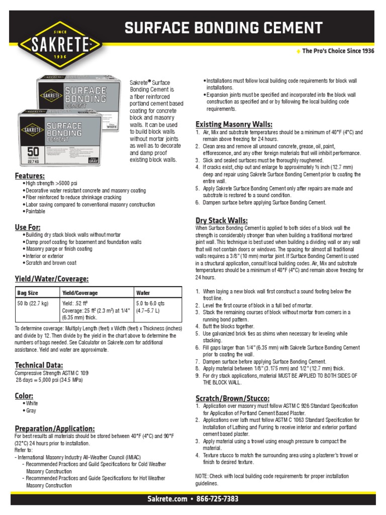 SAK19-274 Surface Bonding Cement TDS | PDF | Concrete | Masonry
