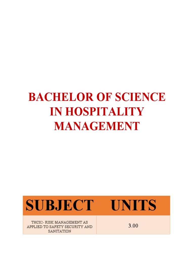 Bachelor of Science in Hospitality Management: Subject Units | PDF
