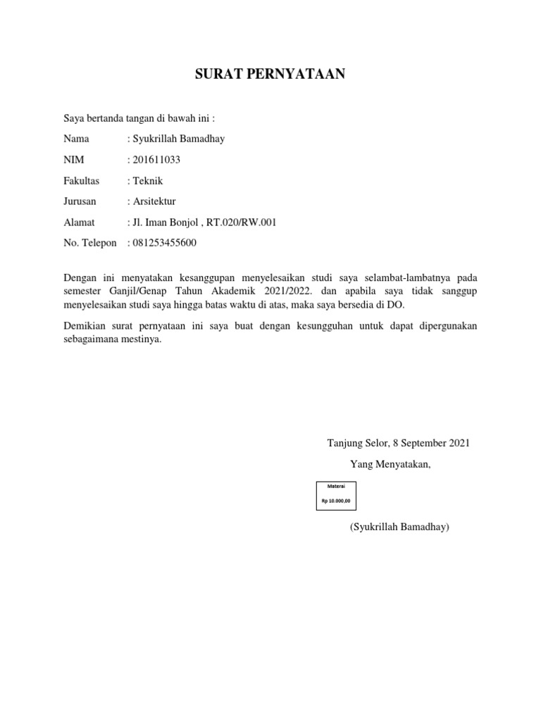 Surat Pernyataan Perpanjangan Masa Studi | PDF