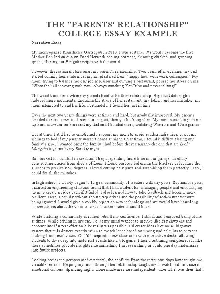 The "Parents' Relationship" College Essay Example | PDF