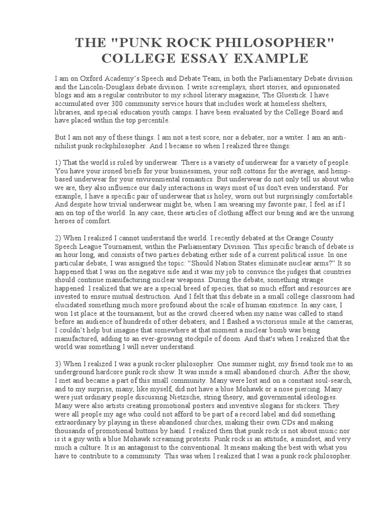 The "Punk Rock Philosopher" College Essay Example | PDF