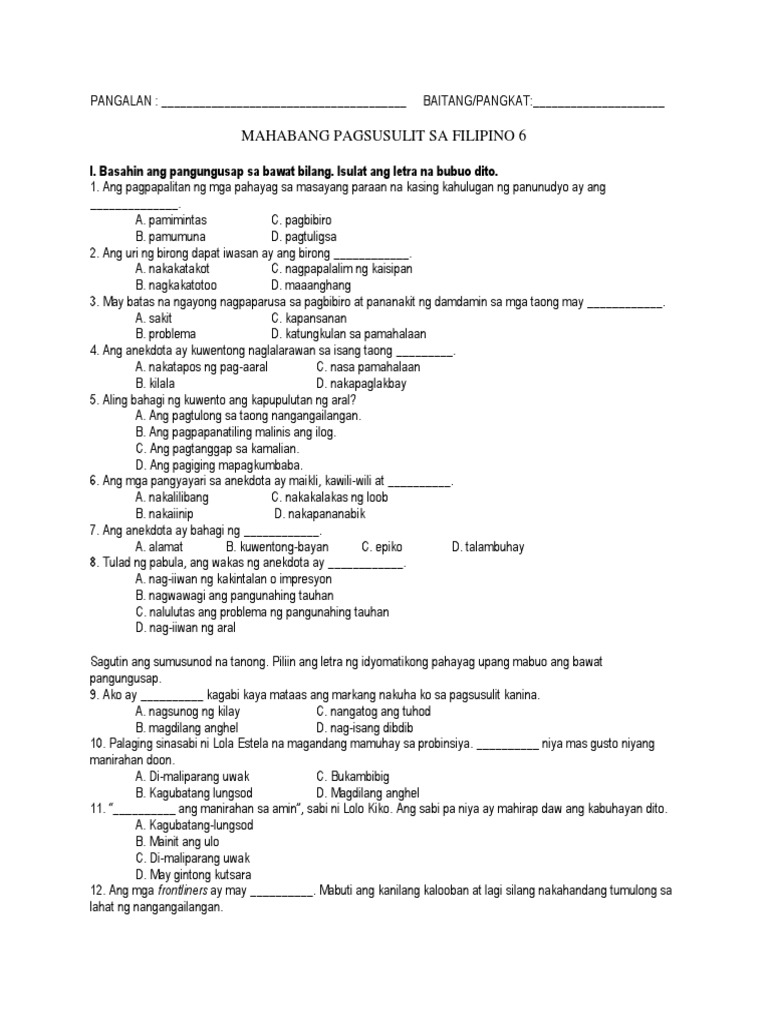 Quiz FILIPINO 6 | PDF