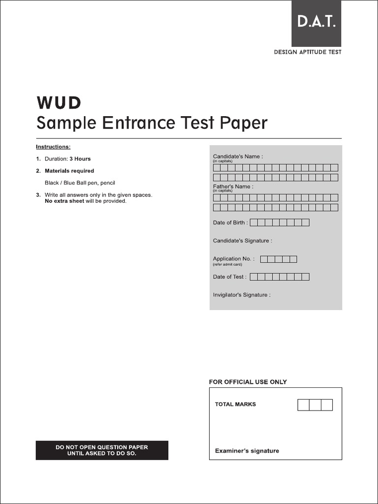 DAT Sample Entrance Test Paper I | PDF