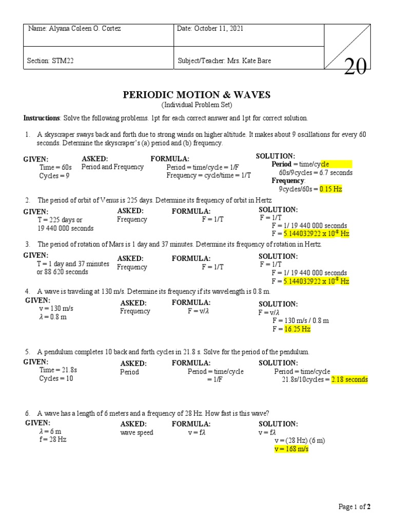 Cortez-STM22 Waves Problem Set | PDF | Frequency | Hertz