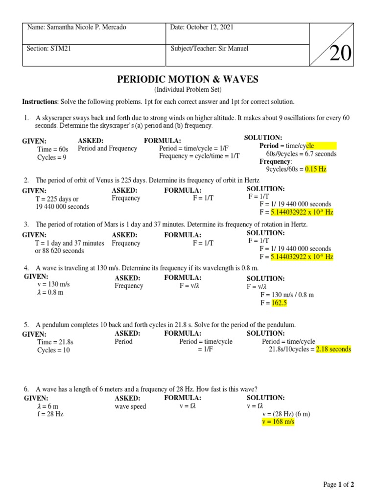 Periodic Motion & Waves Problems | PDF | Frequency | Hertz