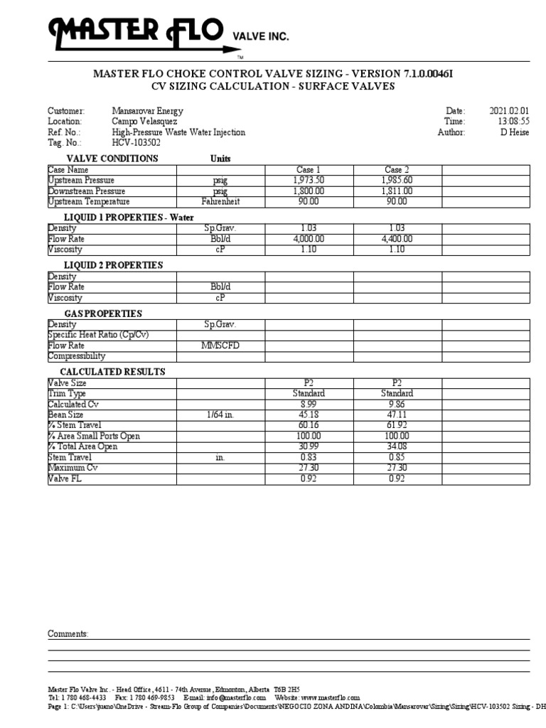 Master Flo Choke Control Valve Sizing - Version 7.1.0.0046I CV Sizing ...