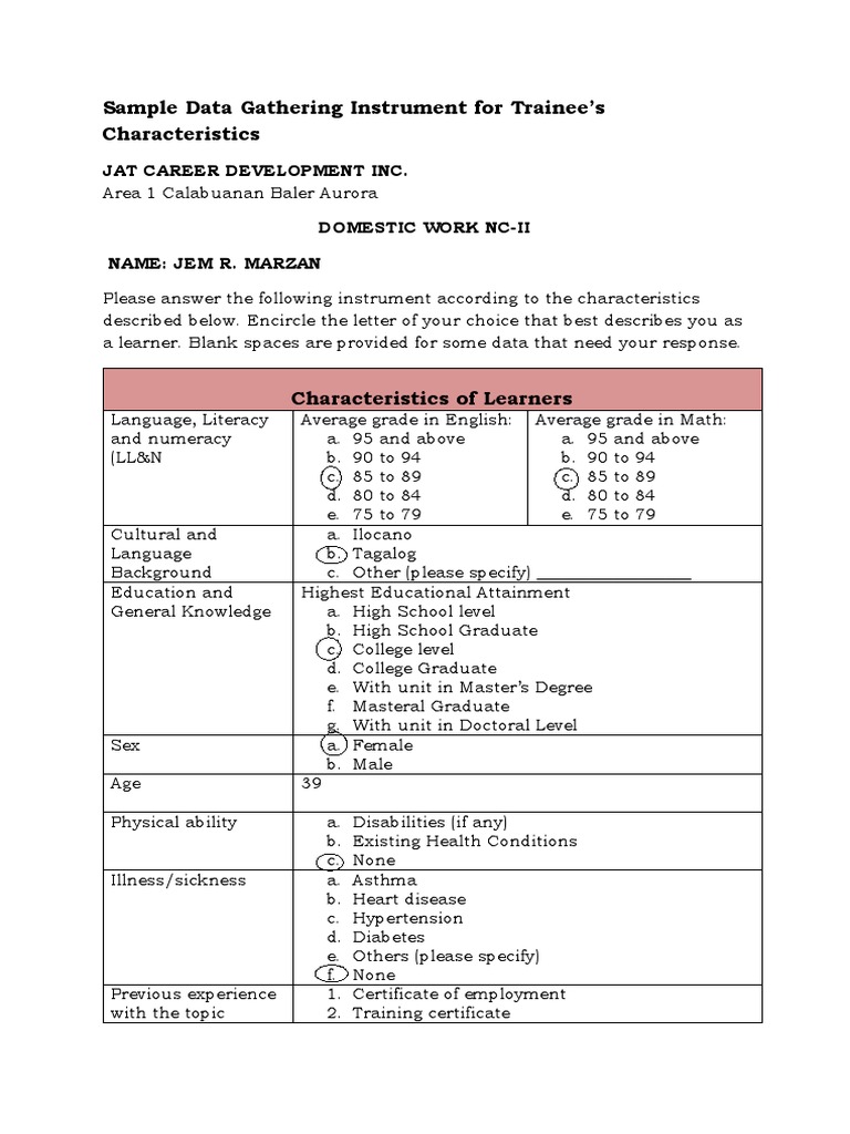 Sample Data Gathering Instrument for Trainee's Characteristics | PDF ...