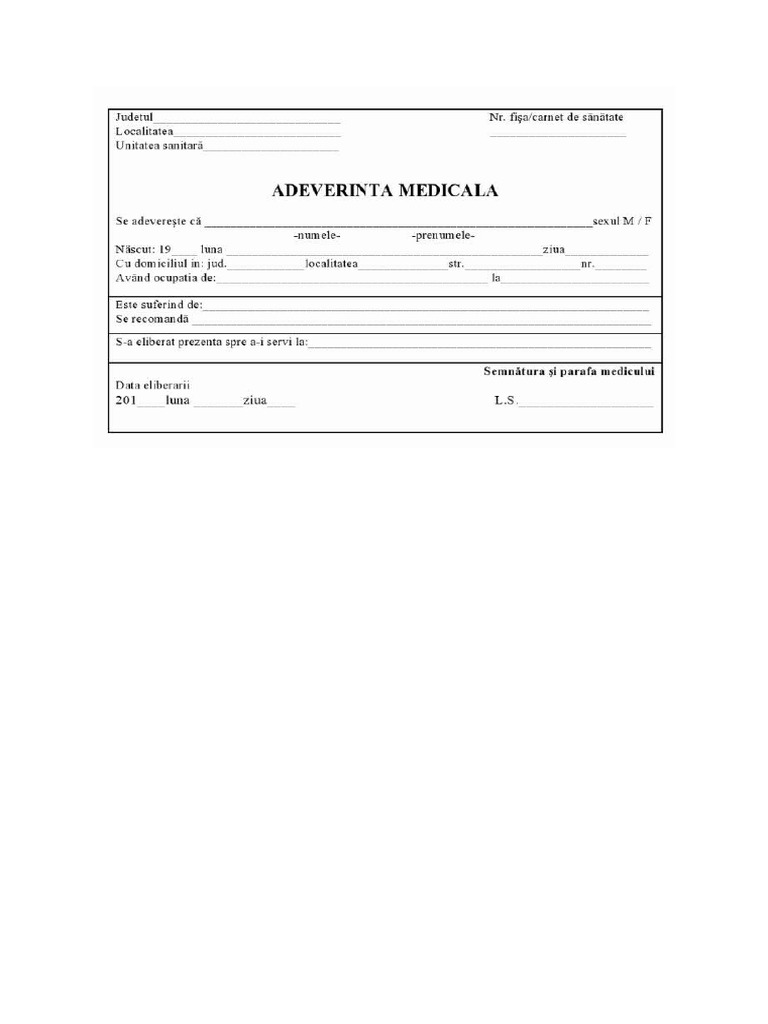 Adeverinta Medicala Scolara (Fata) | PDF
